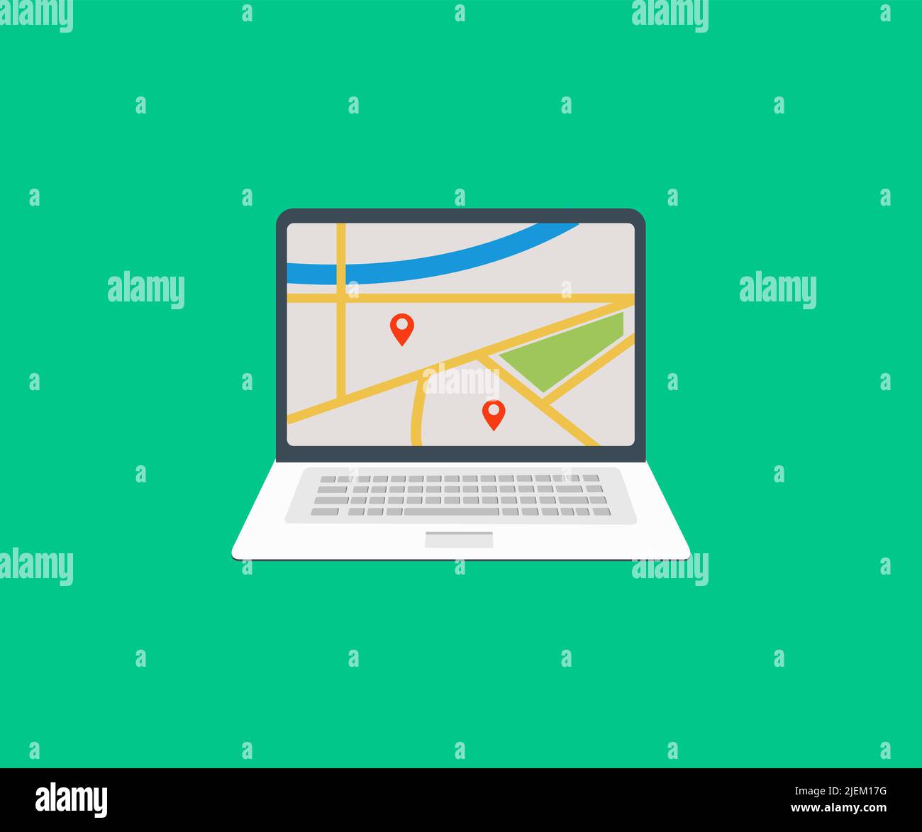 GPS navigation or route with check-in symbol on screen of Laptop logo ...