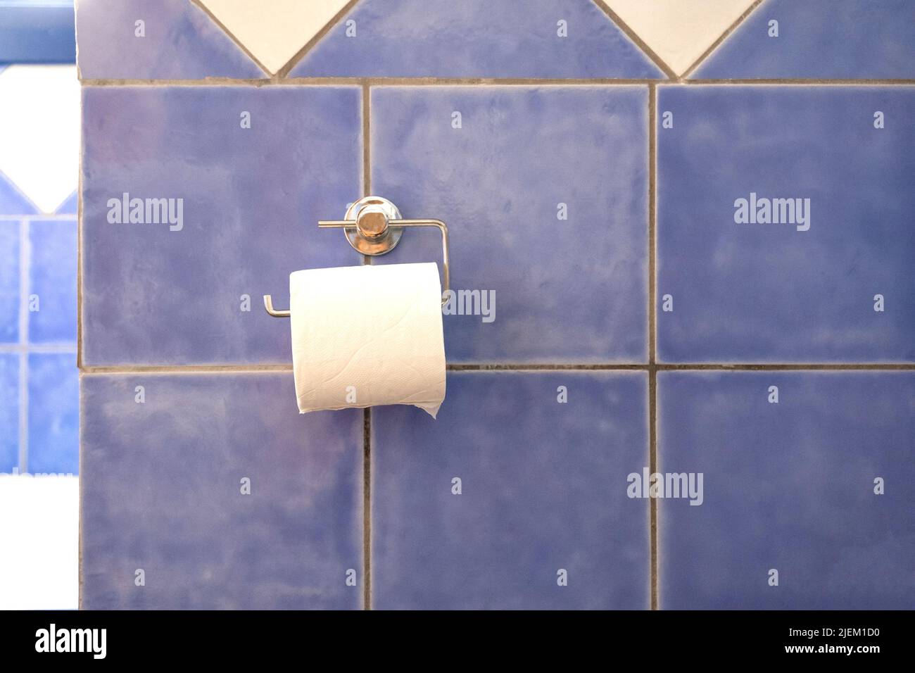 Roll of white toilet paper on metal paper holder. Toilet accessory for ...