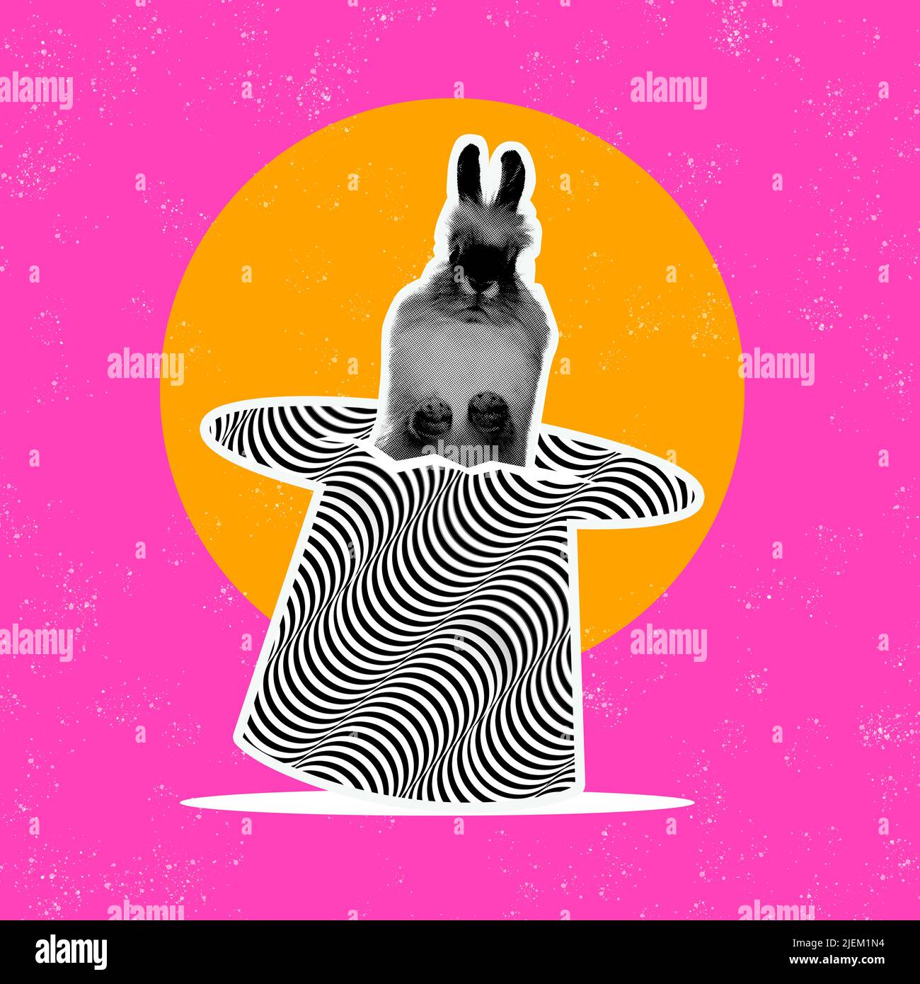Contemporary art collage. Cute hare jumping out hat with optical ...