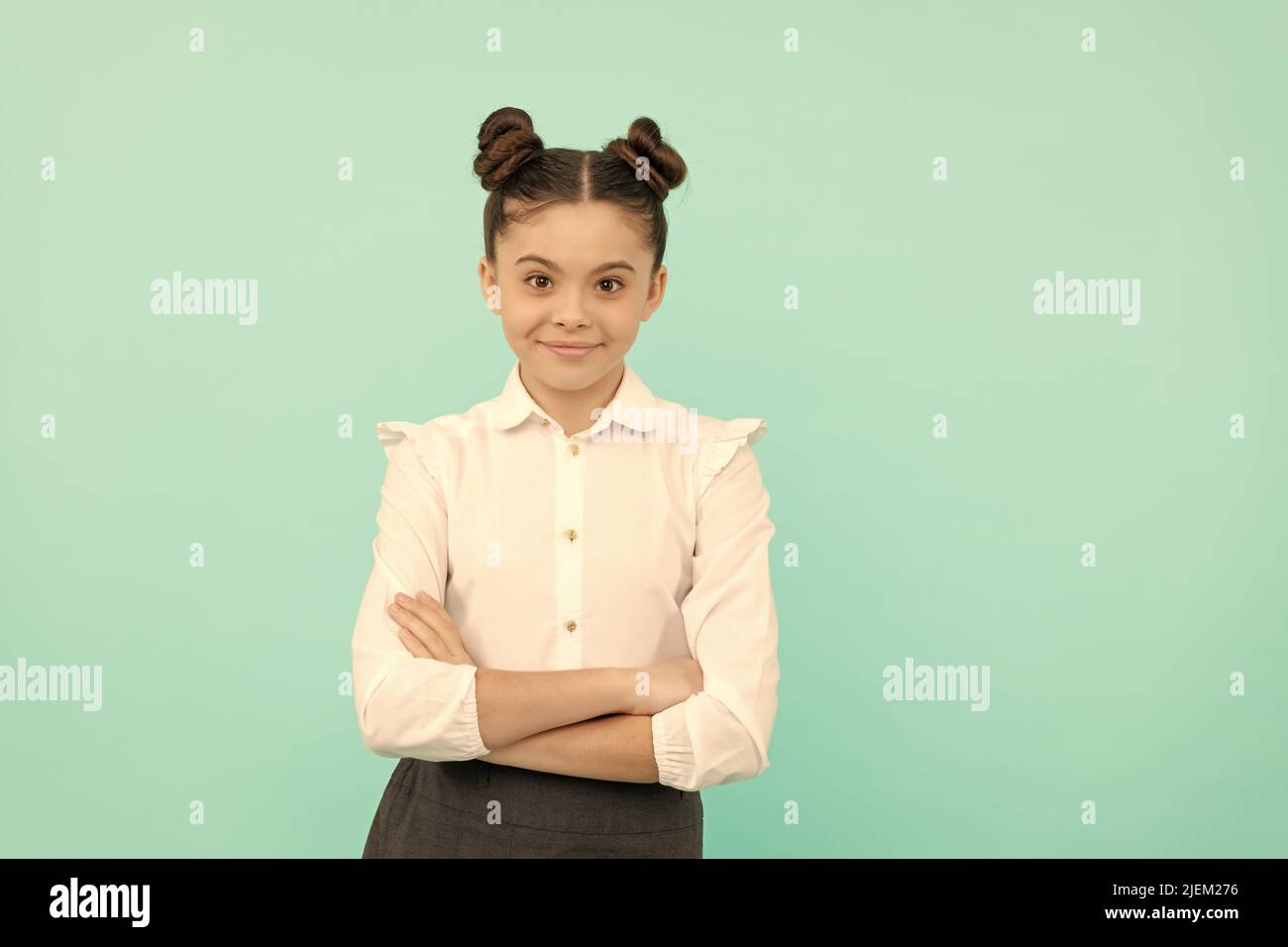 Confident in her knowledge. Happy girl child. Basic education. Back to ...