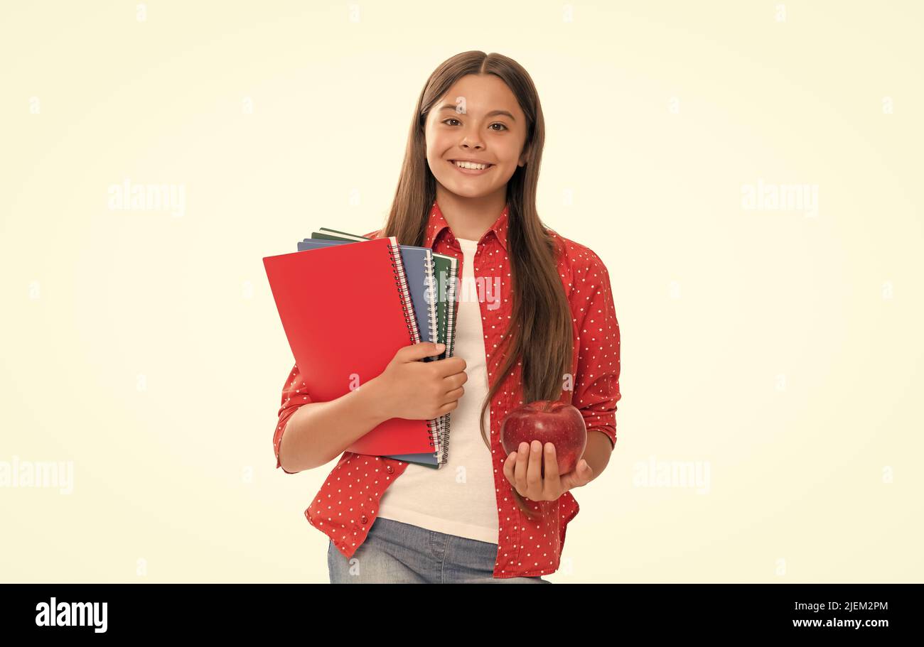 happy schoolgirl with copybook. teen girl with notebook. back to school ...