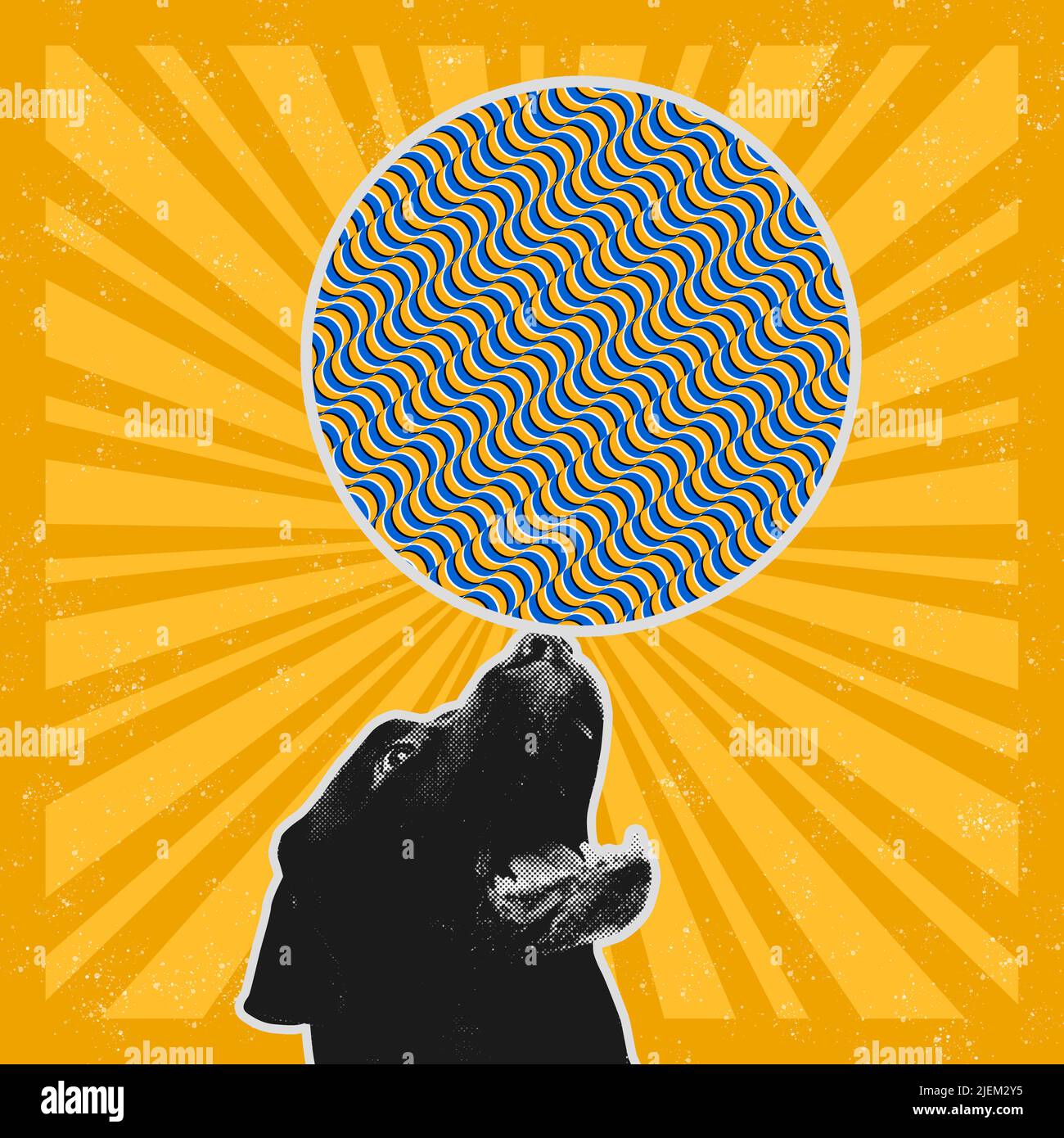 Contemporary art collage. Cute dog with huge circle with optical ...