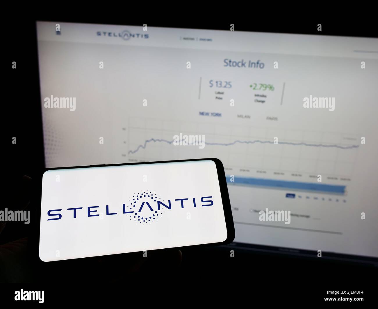 Person holding mobile phone with logo of car manufacturer Stellantis N ...