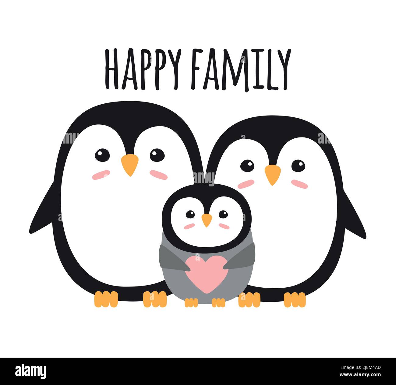Vector flat hand drawn penguin family and happy text isolated on white ...