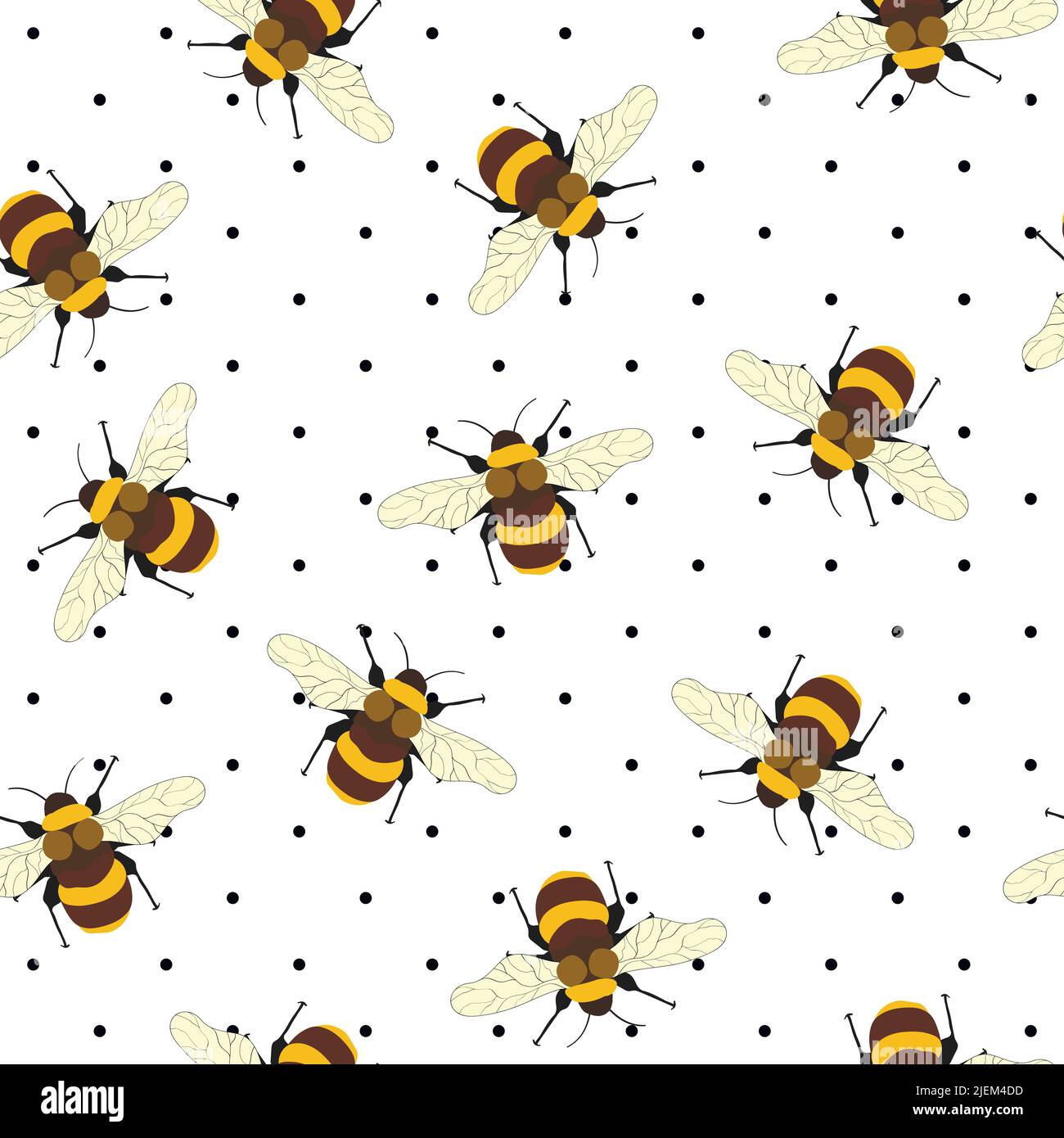 Seamless pattern with bees on white polka dots background. Small wasp ...