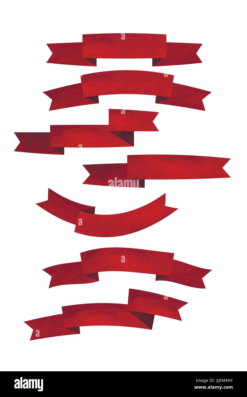 Set of red flat ribbons isolated on white background. Ribbon banner ...