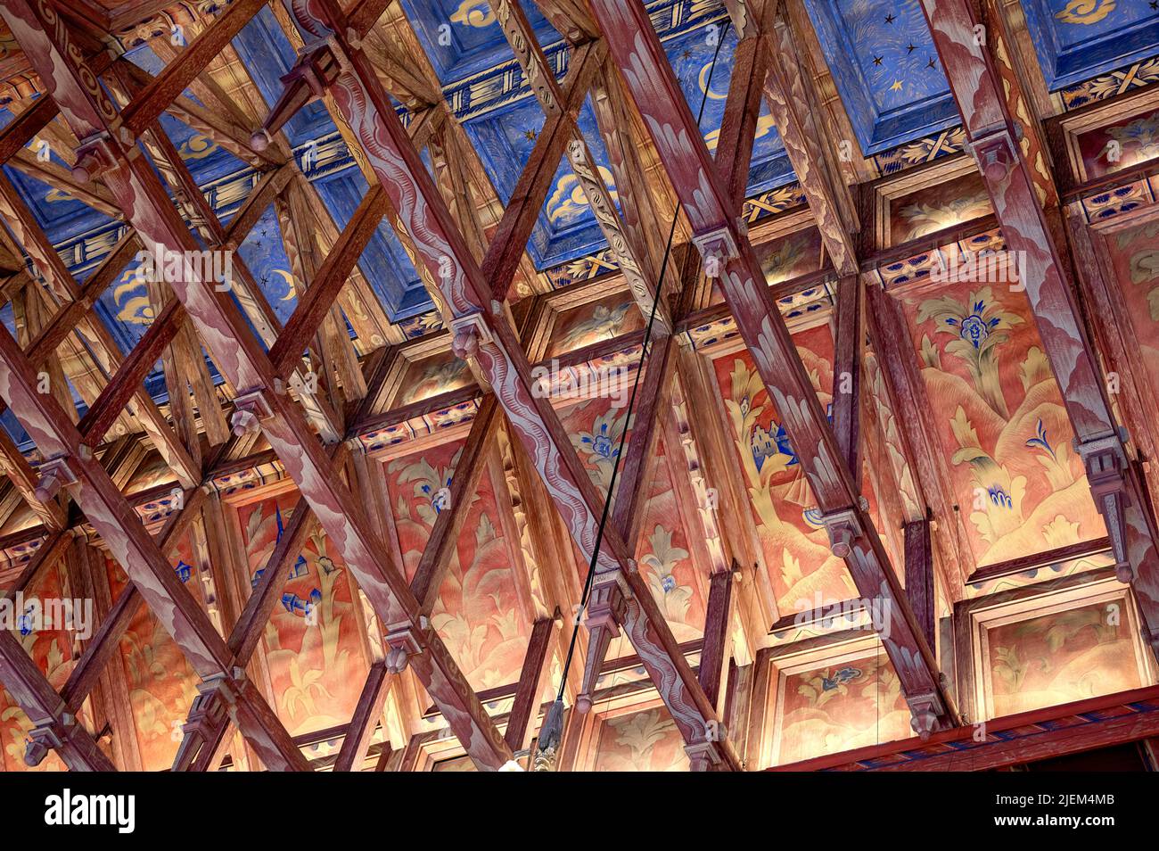 colorful painted historic roof truss of the session hall at the ...