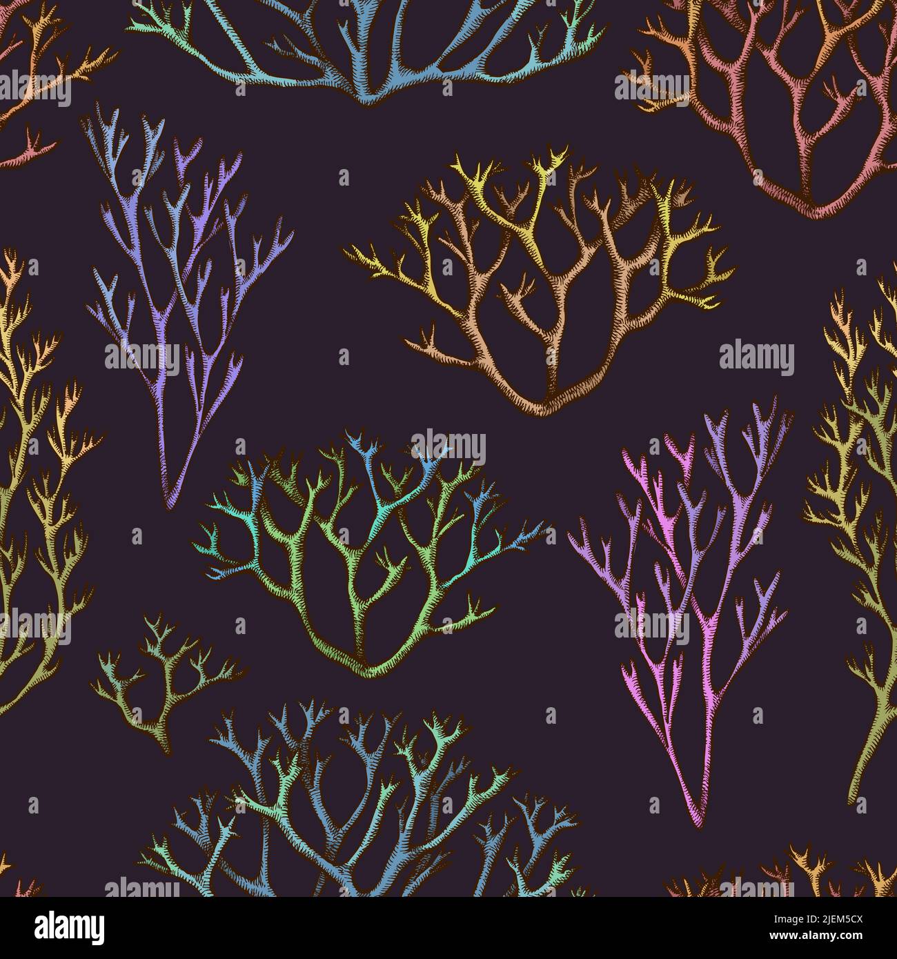 Mysterious forest seamless pattern background design. Engraved style ...