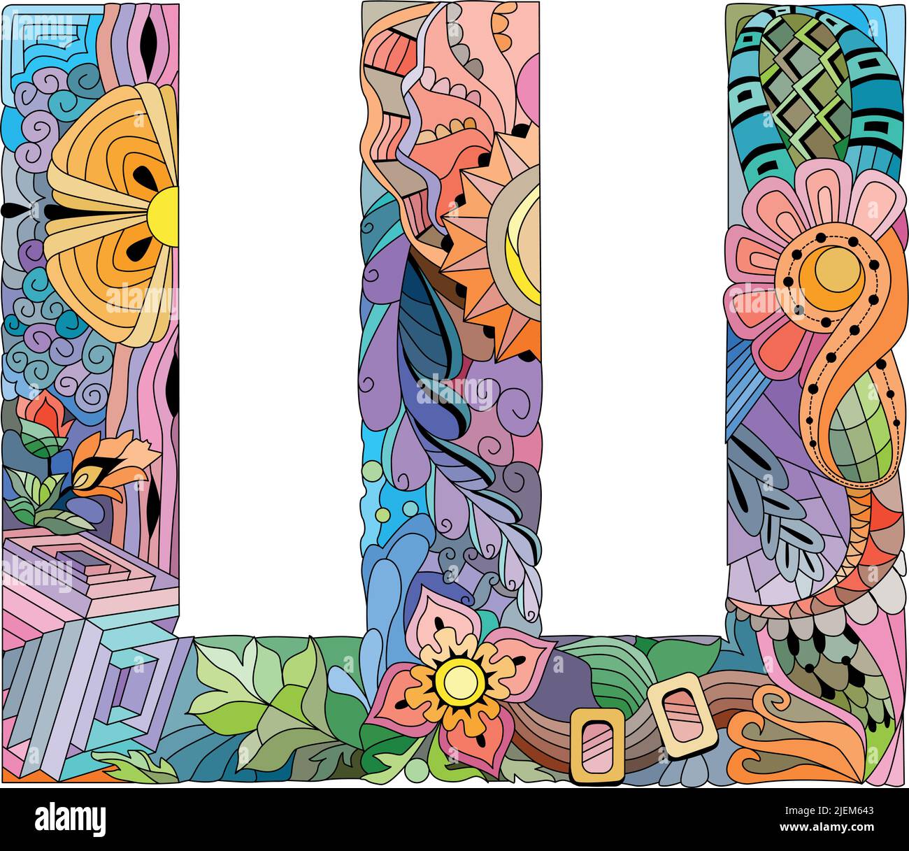 Hand-painted art design. Letter SH cyrillic zentangle object on mandala ...