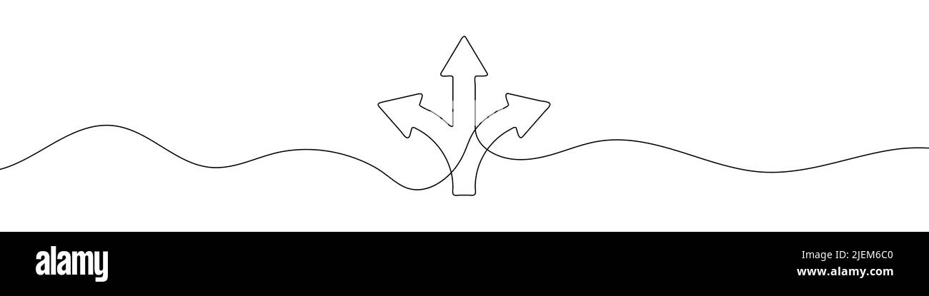 Single continuous line drawing of a three-way direction arrow. One ...