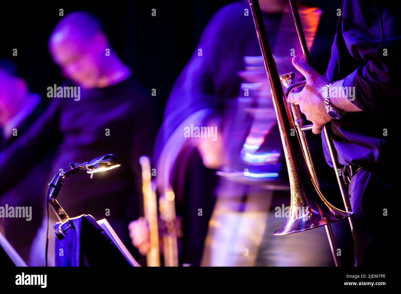 Big Band: blurred blues. Foreground focus with movement in the blurred ...
