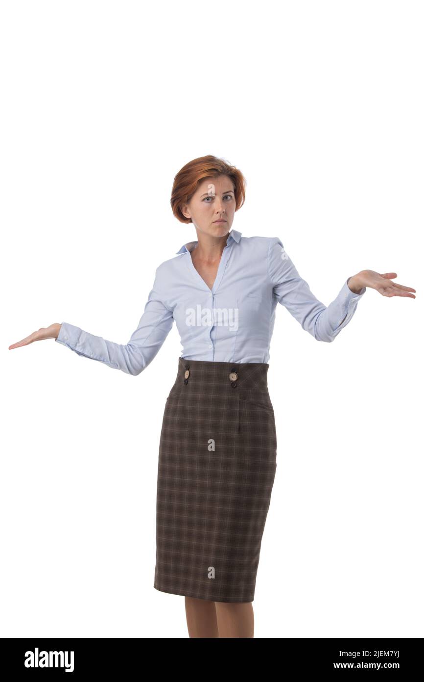 Portrait of young business woman shrug shoulders dont know studio ...