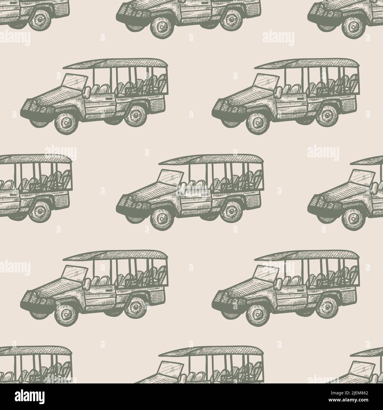 Safari bus engraved seamless pattern. Vintage adventure off road car in ...