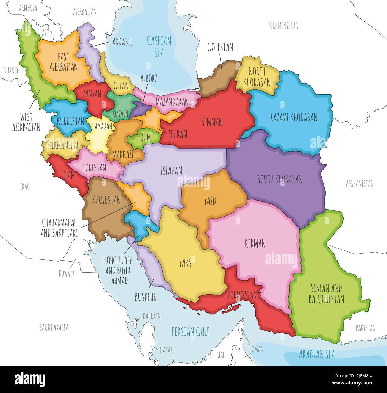 Vector illustrated map of Iran with provinces and administrative ...
