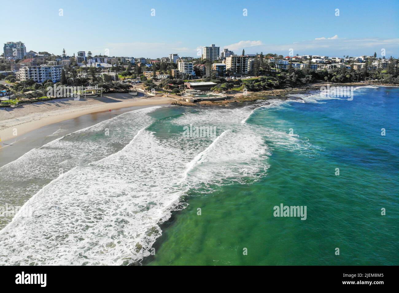 Aerial view over the coastline of Sunshine Coast at Kings Beach ...