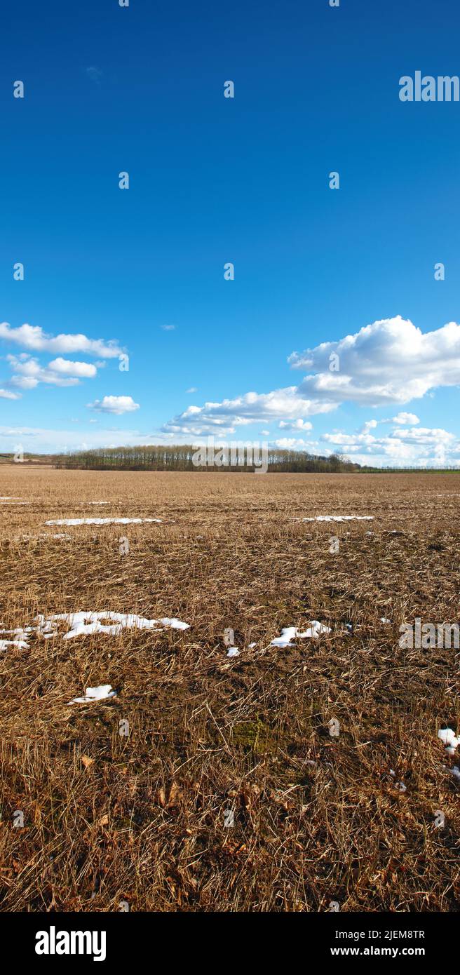 Landscape of an open dry land during winter with melting snow. An empty ...