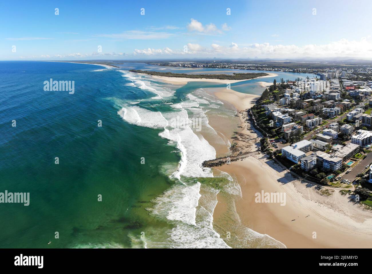 Aerial view over the coastline of Sunshine Coast at Kings Beach ...