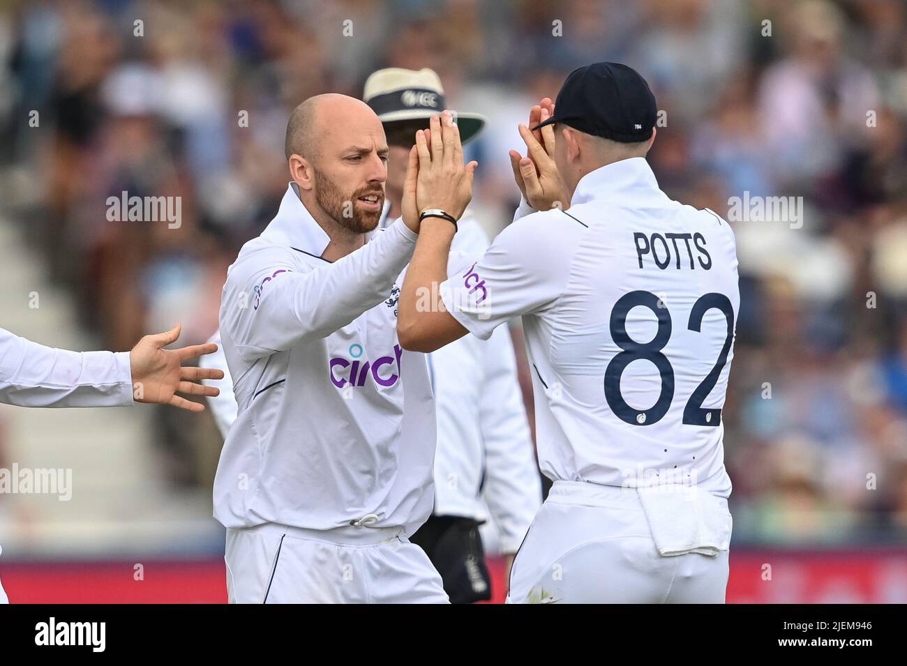 Jack Leach of England celebrates the wicket of Tom Blundell of New ...