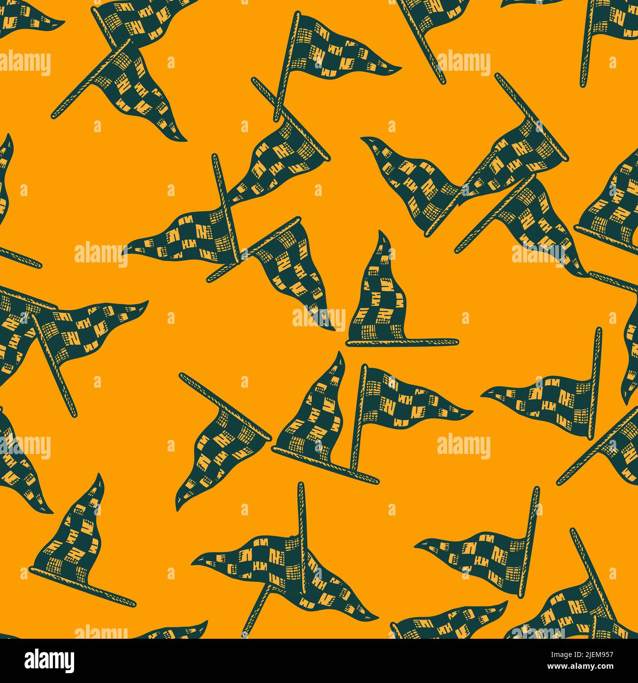 Race flag sketched seamless pattern. Vintage sport elements for drive ...