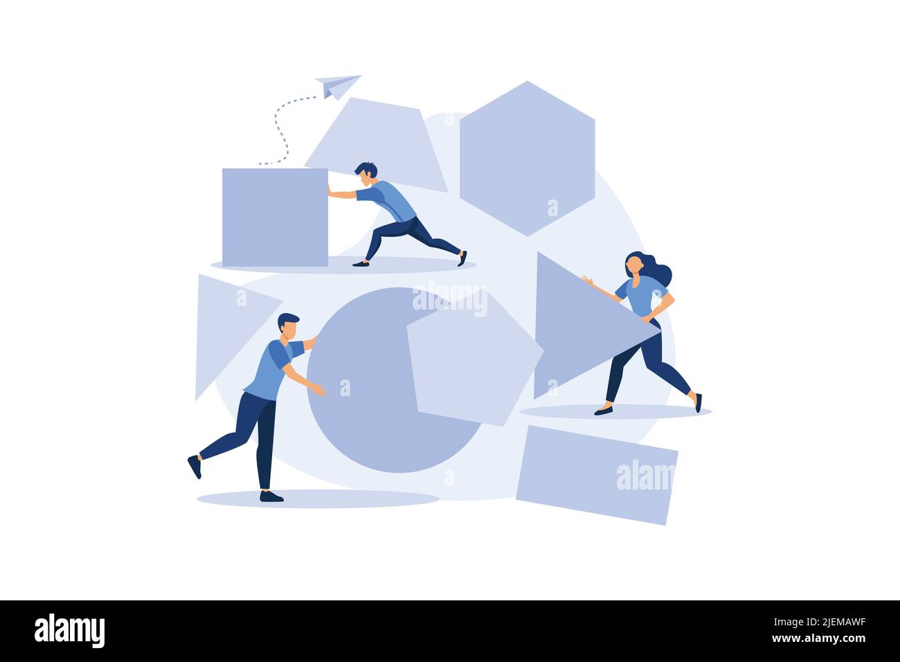 A team of people assemble an abstract geometric puzzle. characters ...