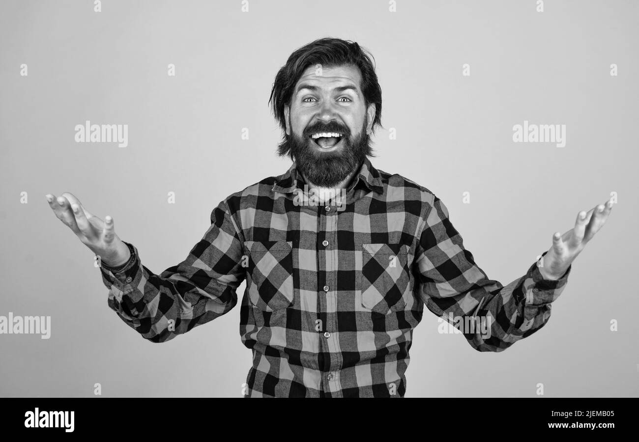 happy and joyful male with beard express happiness, nice day Stock ...