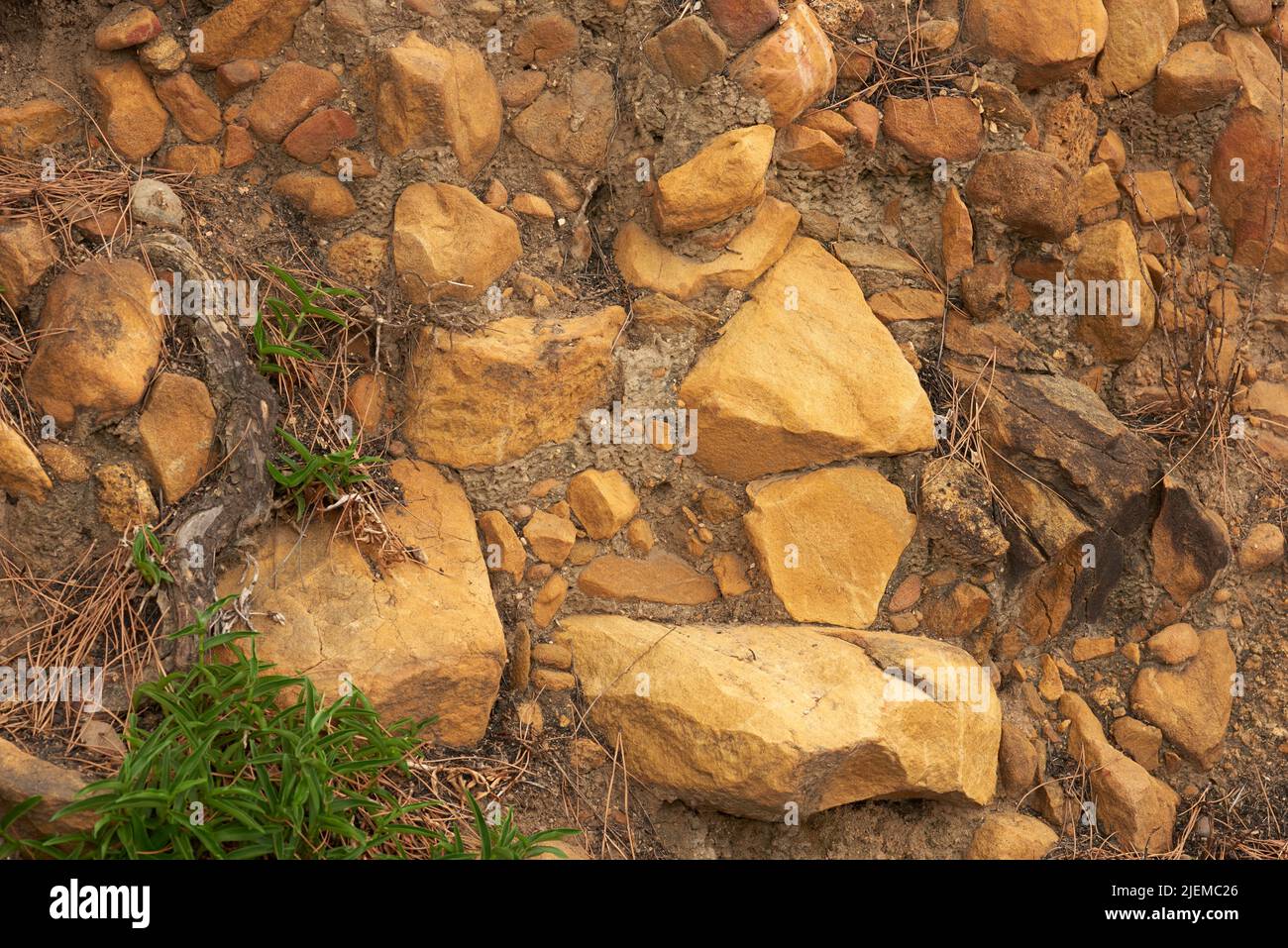 Above view of rocky landscape, boulders, stones along a remote hiking ...