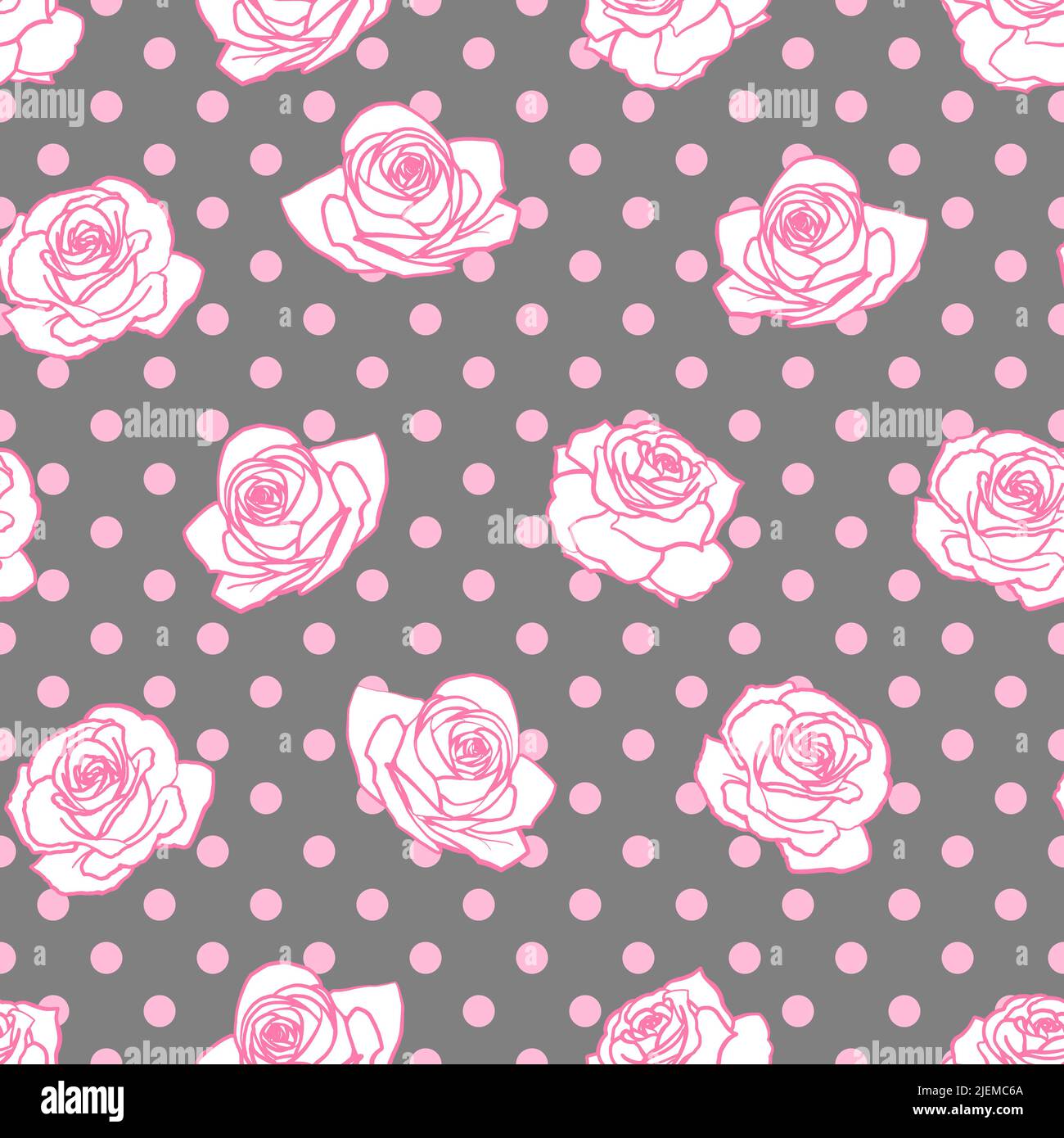 Seamless pattern, background with pink roses on polka dots background ...