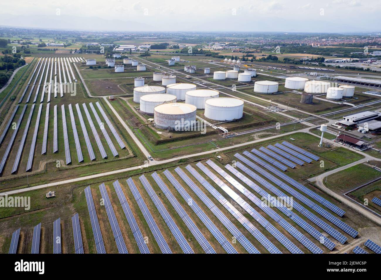 Fuel storage tank and solar farm from above. Gas and diesel reserve for ...