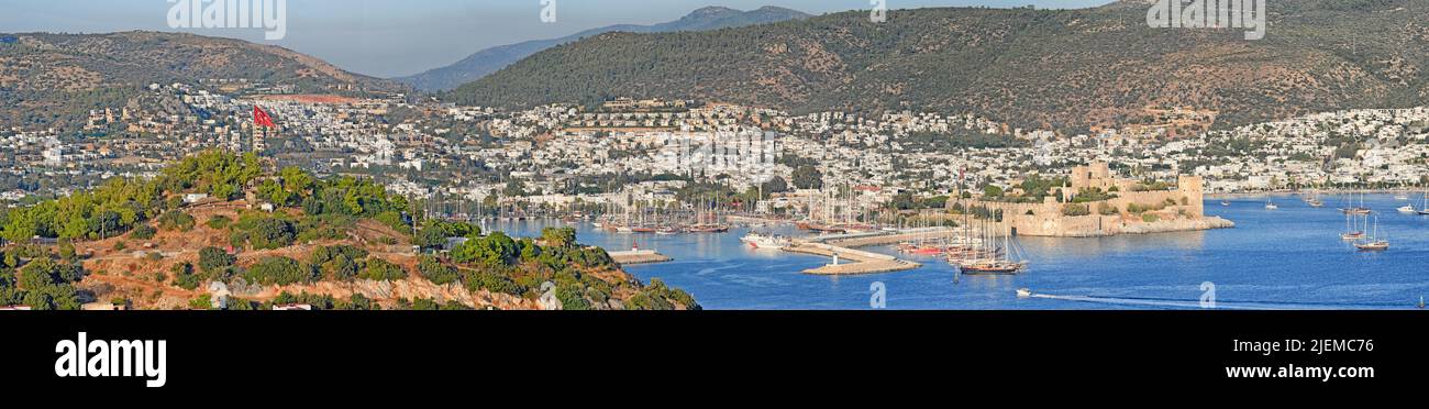 Panorama view of city and hills in romantic harbor of Bodrum in Turkey ...