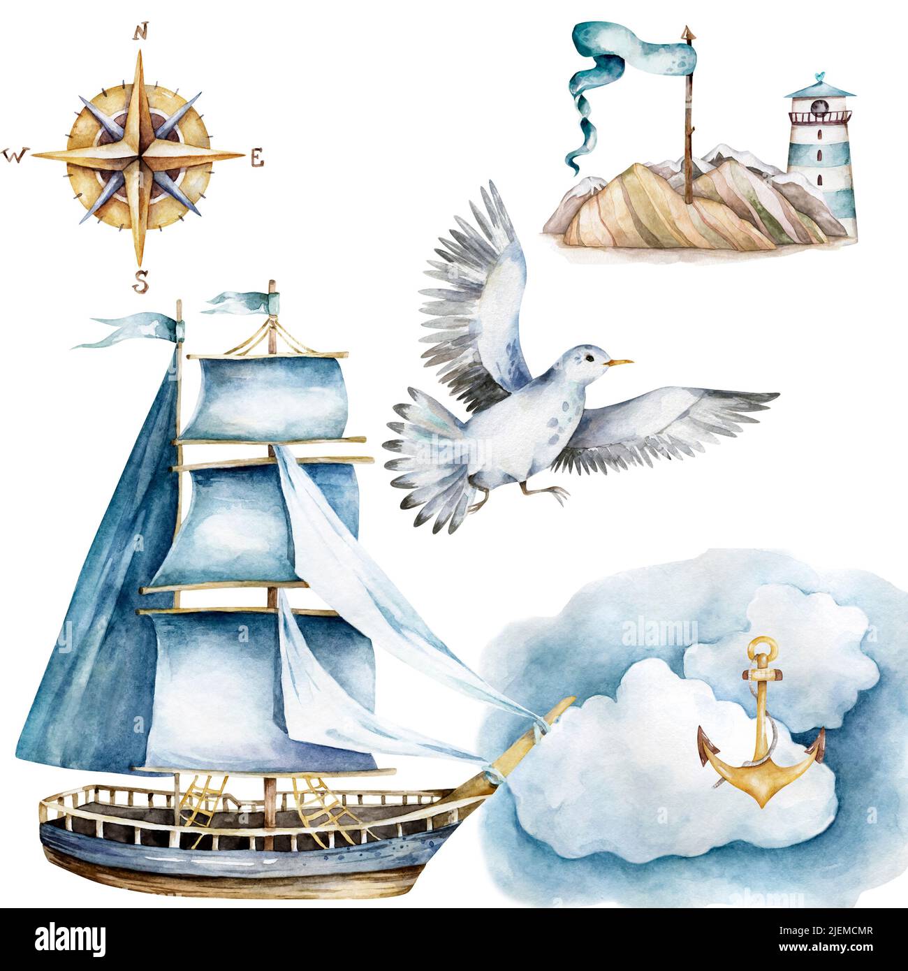 Marine navigation watercolor illustration. Ship, boat, lighthouse ...