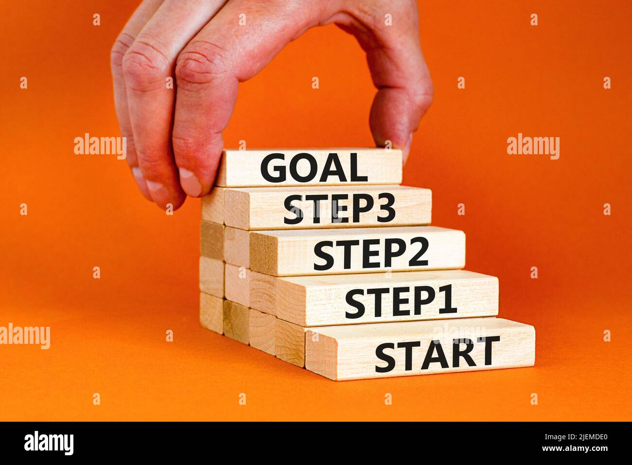 Strat, step and goal symbol. Concept words Start step 1 2 3 goal on wooden blocks on a beautiful ...