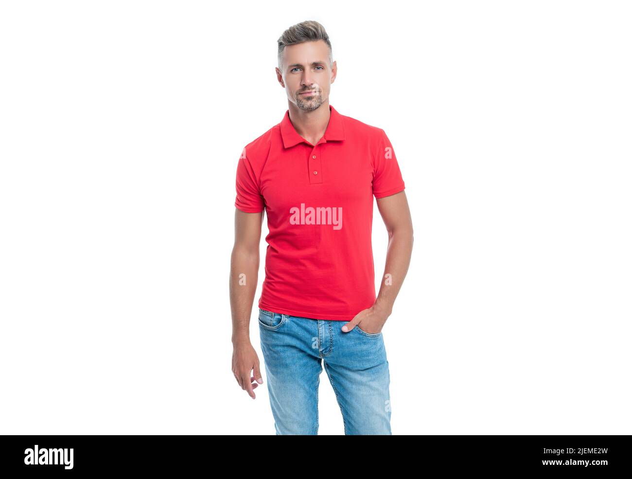 handsome man with grizzled hair in red shirt standing isolated on white ...