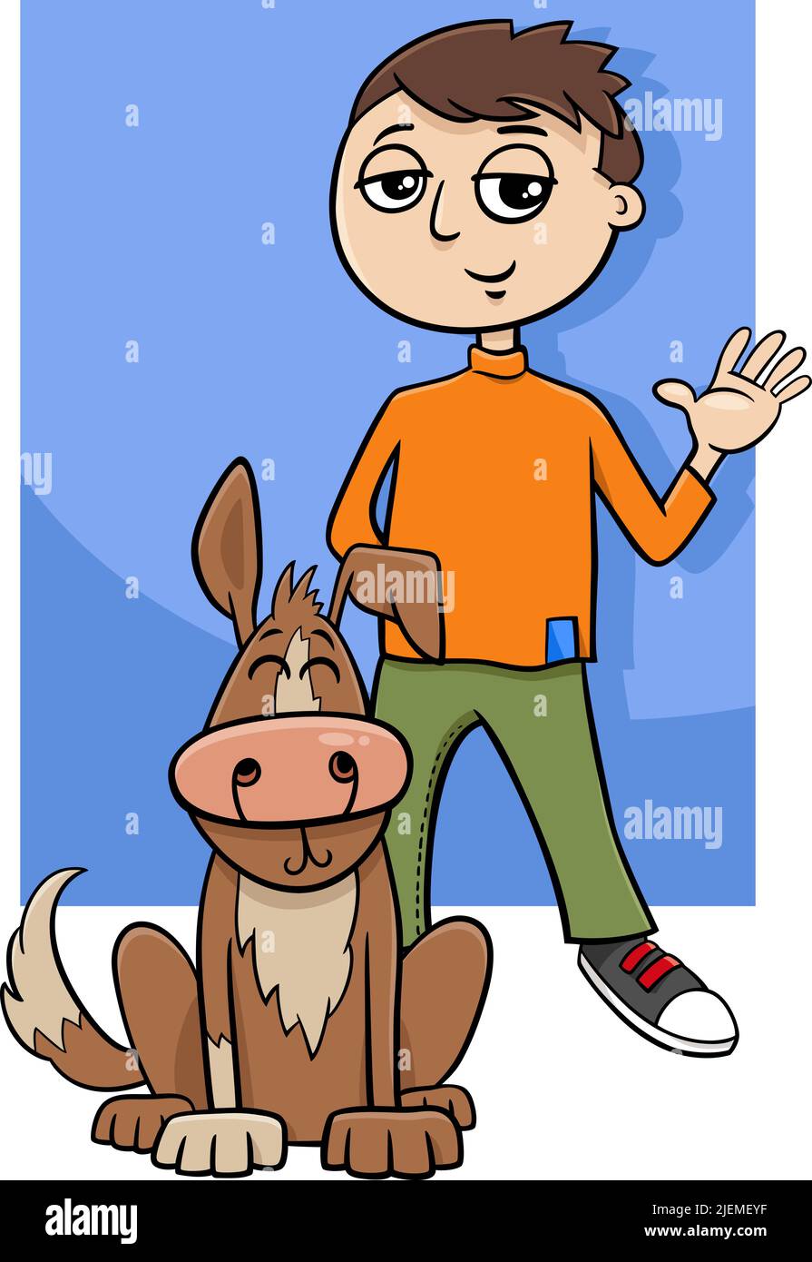 Cartoon illustration of teen boy character with his pet dog Stock ...