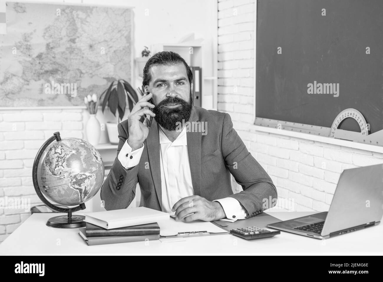 back to school. happy teachers day. brutal man with beard wear costume ...
