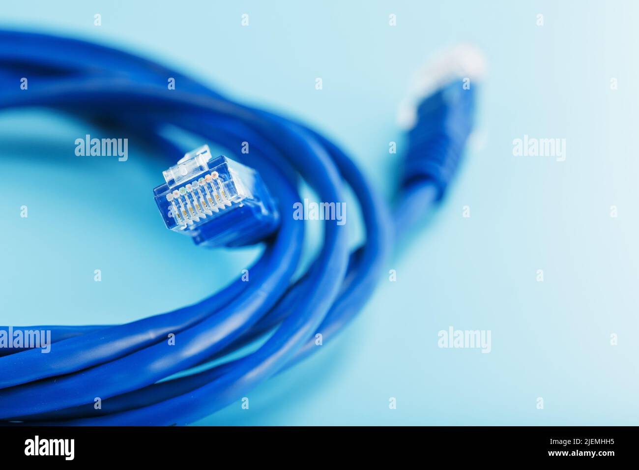Blue Ethernet Cable Connectors Patch cord cord close-up isolated on a blue background with free ...