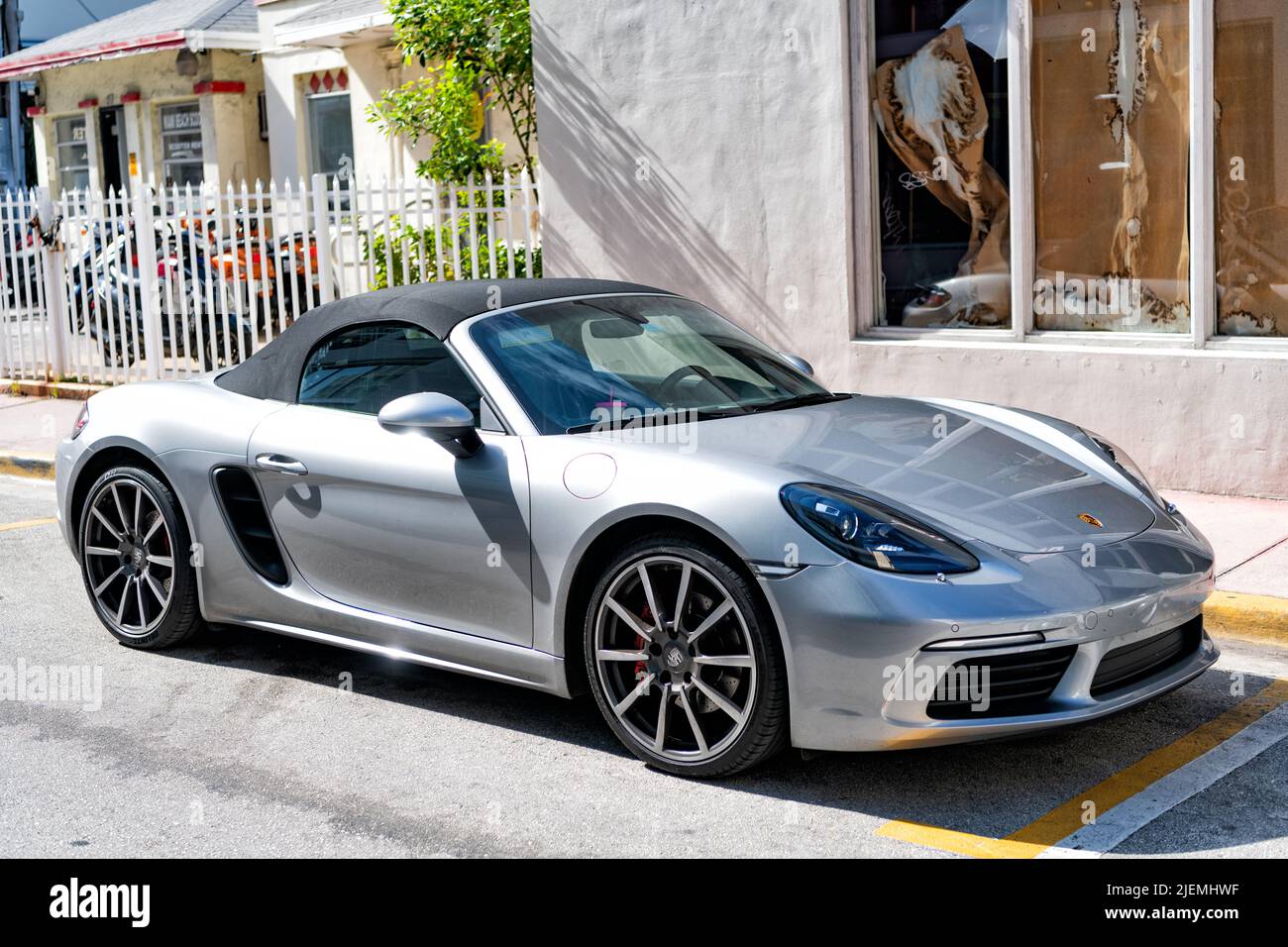 Miami Beach, Florida USA - April 14, 2021: silver porsche 718 boxster s ...