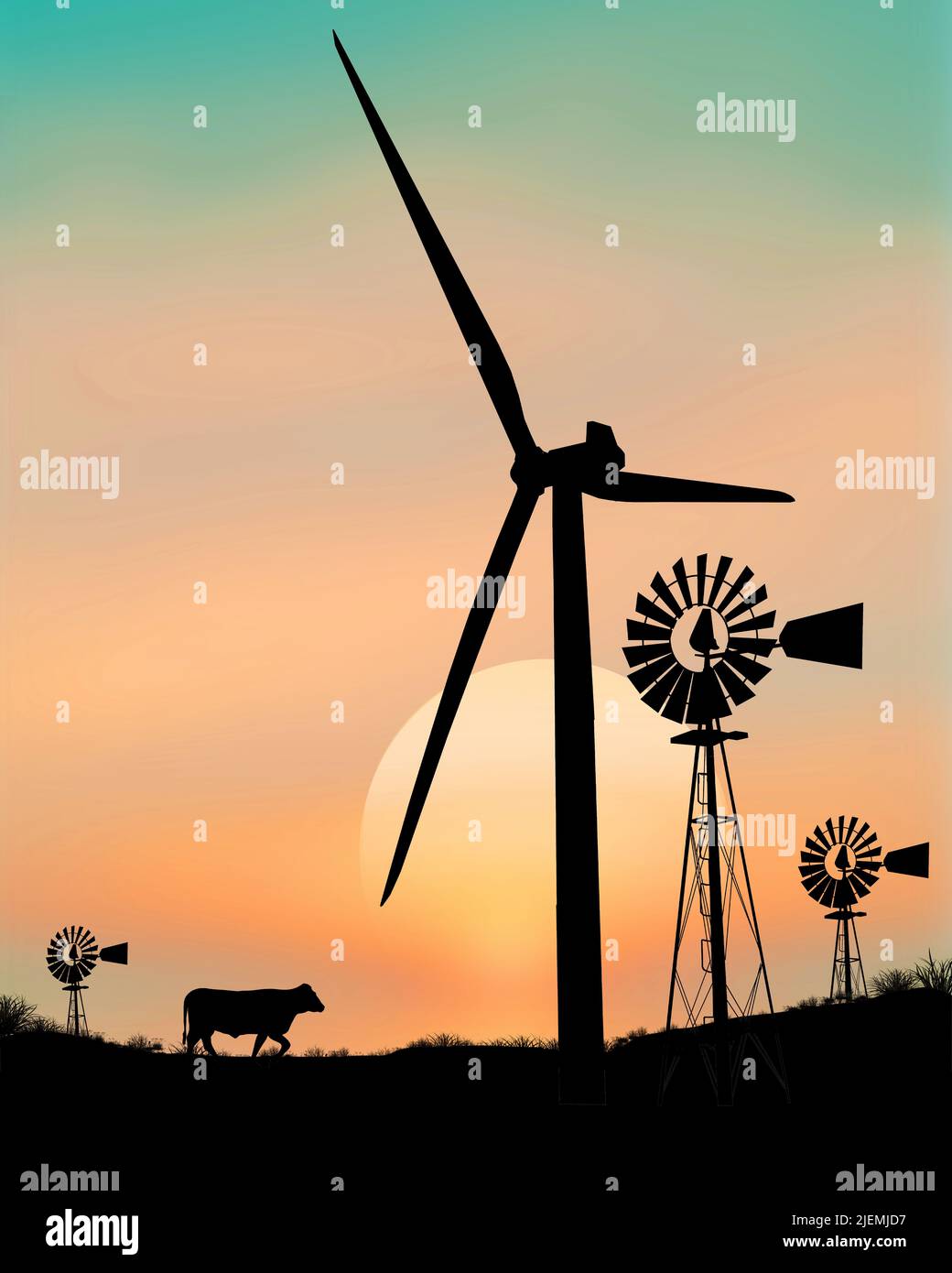 An old water pumping windmill stands in contrast to the giant energy ...