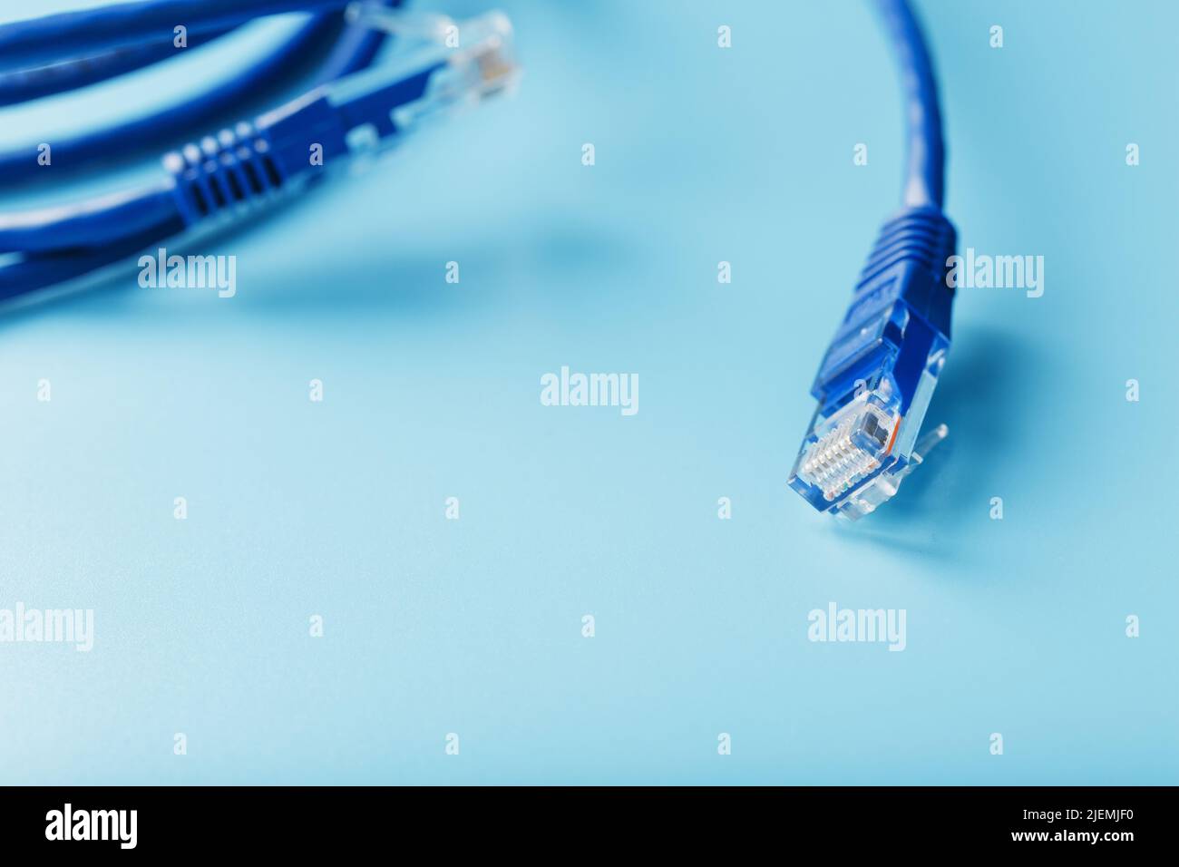 Blue Ethernet Cable Connectors Patch cord cord close-up isolated on a blue background with free ...