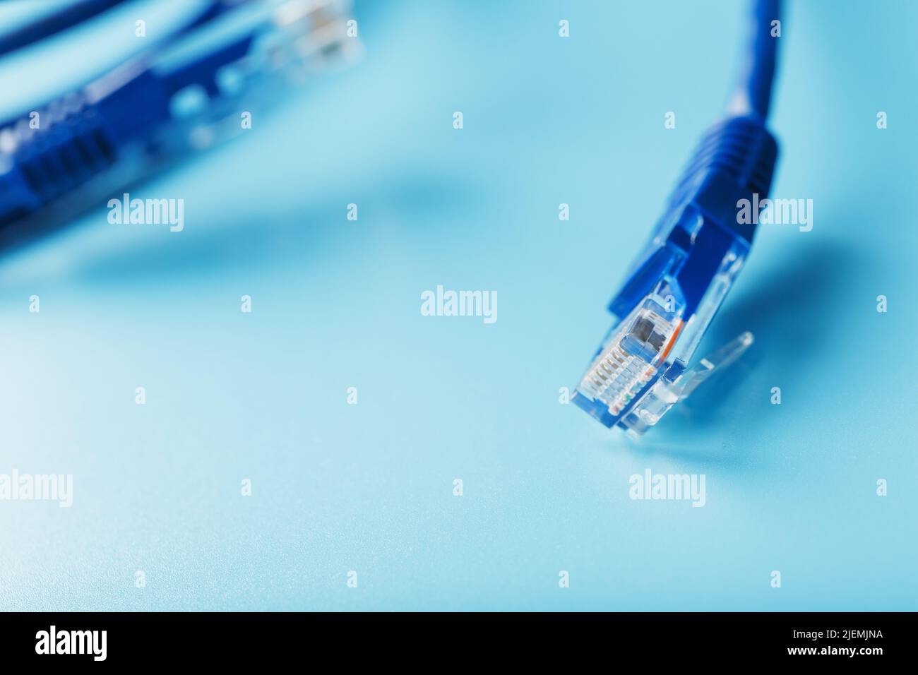 Blue Ethernet Cable Connectors Patch cord cord close-up isolated on a blue background with free ...