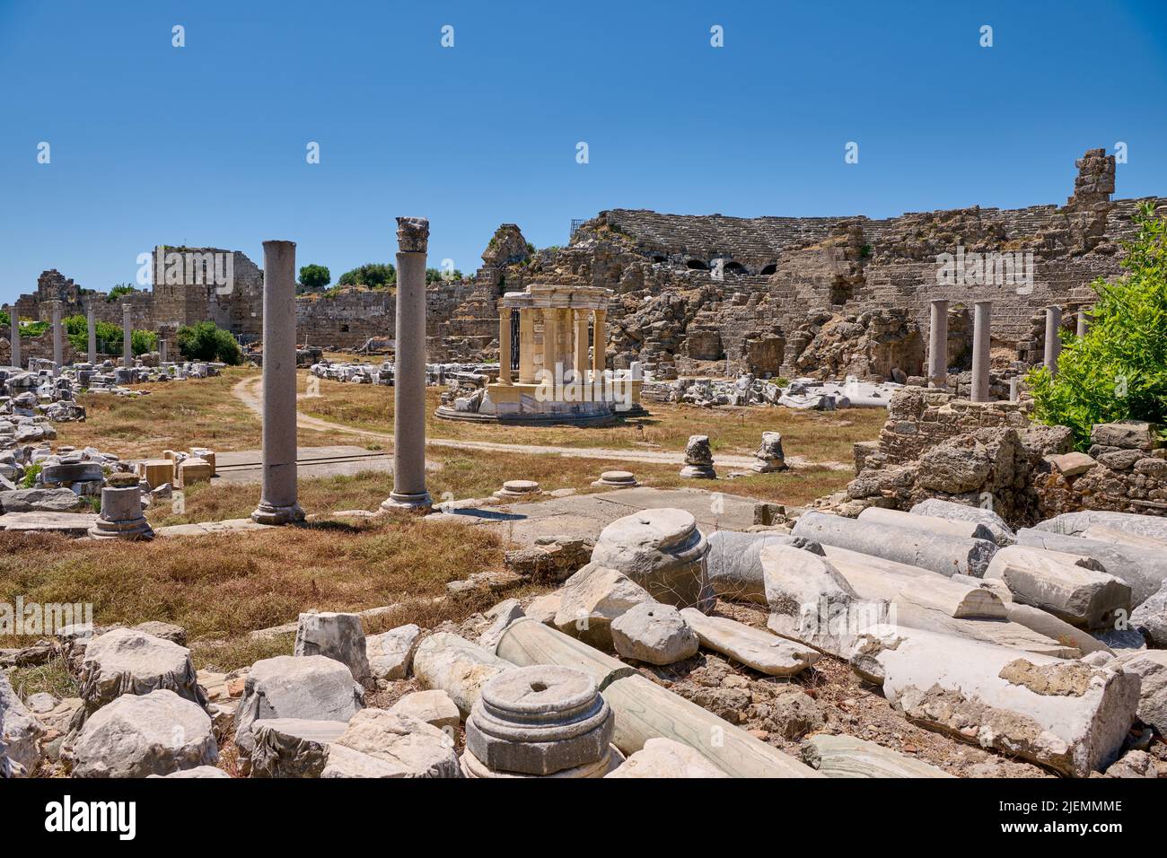 theatre and Tyche temple in ruins of the Roman city of Side, Antalya ...