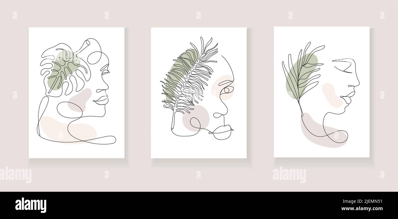 Boho women face vector. Surreal portrait, girl face with palm leaf in ...