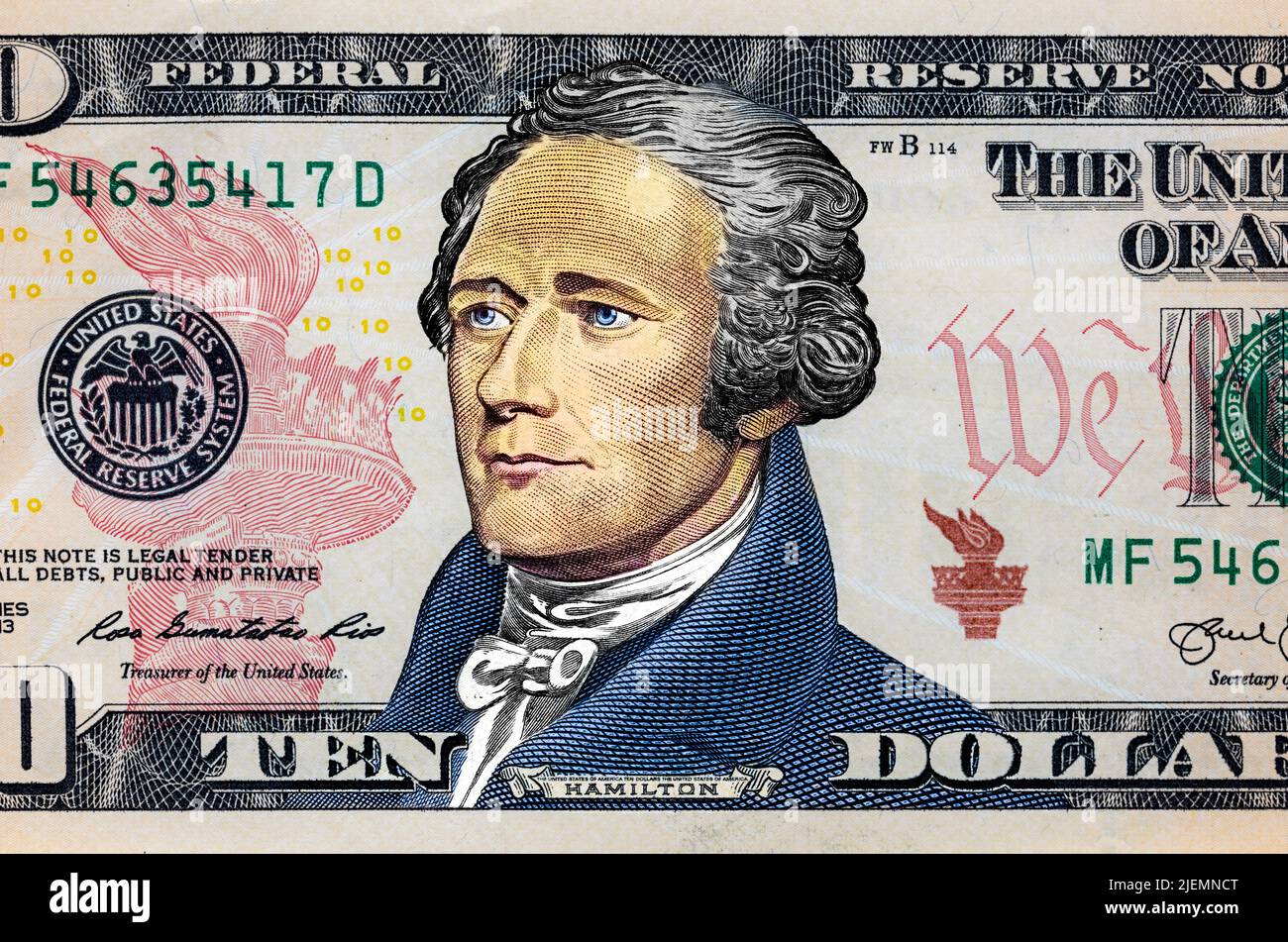 Closeup of front side of colorized 10 dollar banknote for design ...