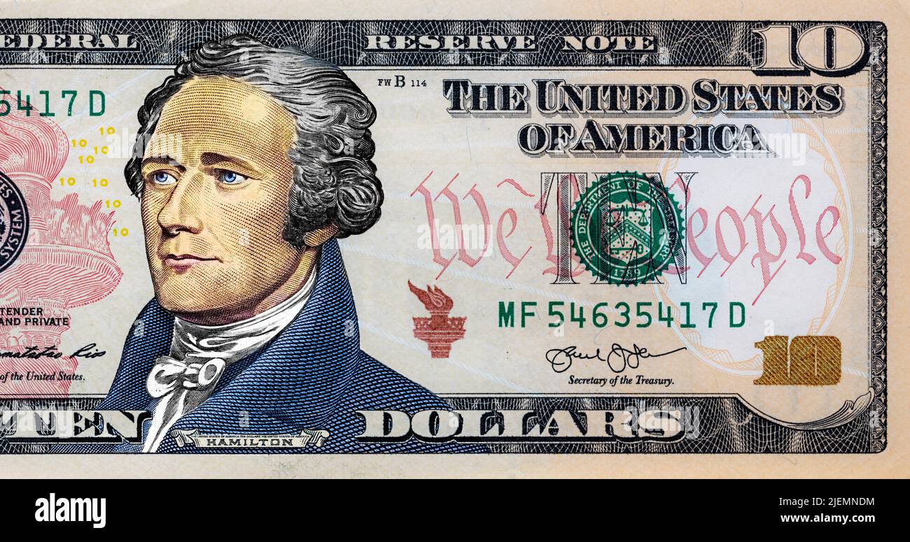 Closeup of front side of colorized 10 dollar banknote for design ...