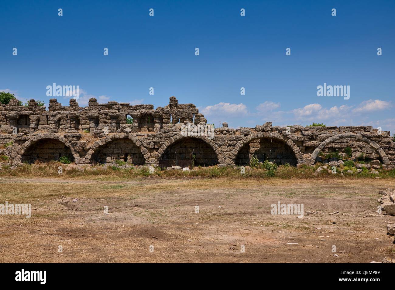 inland city wall in ruins of the Roman city of Side, Antalya, Turkey ...