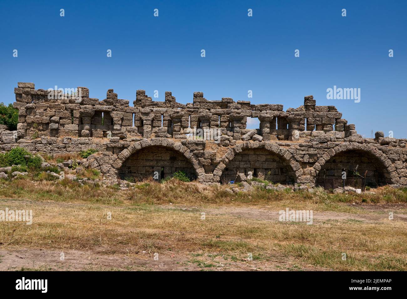 inland city wall in ruins of the Roman city of Side, Antalya, Turkey ...