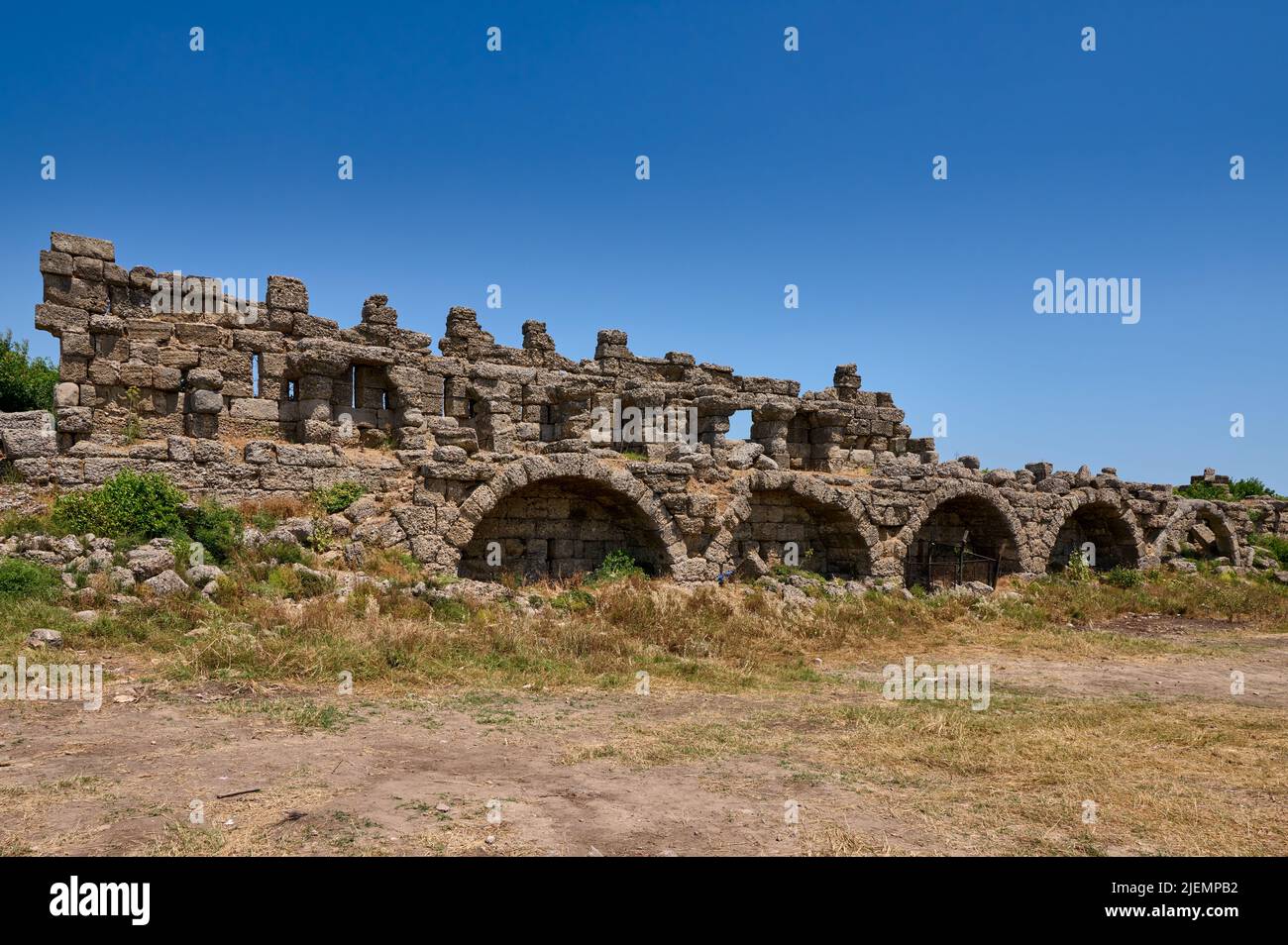 inland city wall in ruins of the Roman city of Side, Antalya, Turkey ...