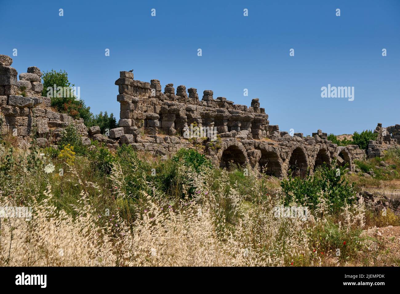 inland city wall in ruins of the Roman city of Side, Antalya, Turkey ...