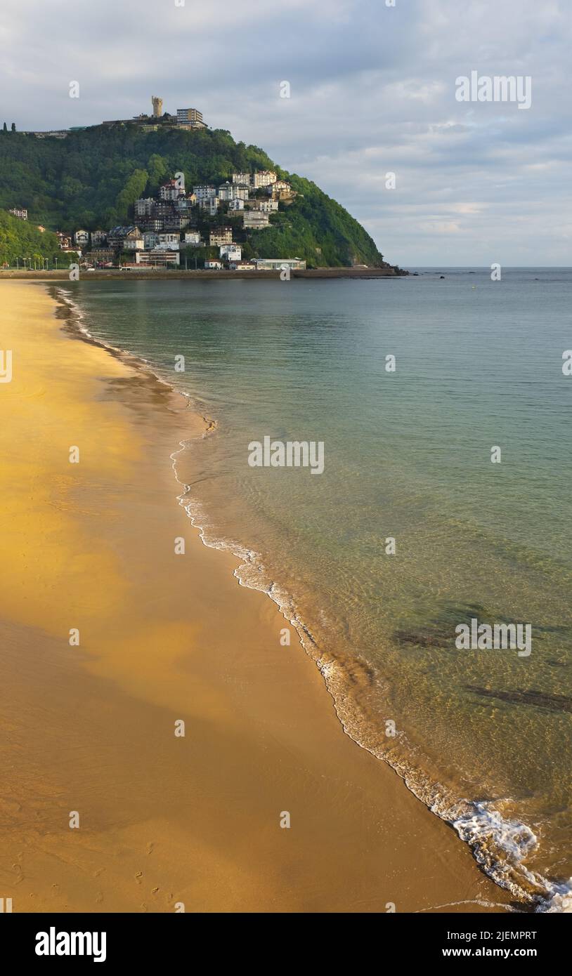 Ondarreta beach and mount Igueldo in the bay of La Concha, city of ...