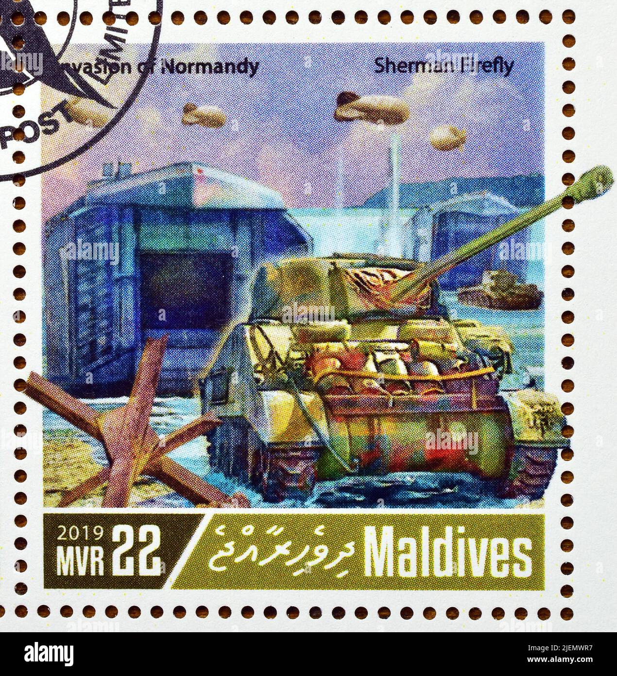 Cancelled postage stamp printed by Maldives, that shows Sherman Firefly ...