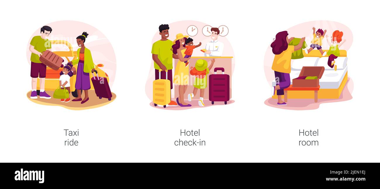 Hotel check-in isolated cartoon vector illustration set Stock Vector ...